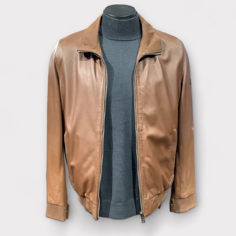 Bugatti Tan ‘Perforated’ Nappa Leather Bomber - Vance Vivian Menswear